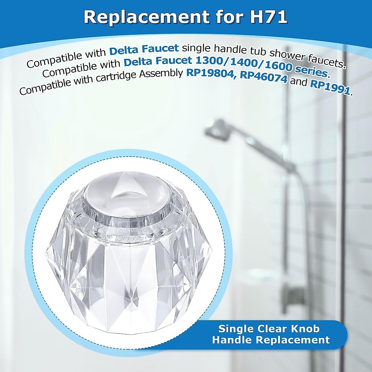 Dreyoo Shower Faucet Handle Replacement for H71, Shower Handle Compatible with Delta Faucet Single Handle Tub Faucets, Shower Knob with Button and Screw, Clear Acrylic
