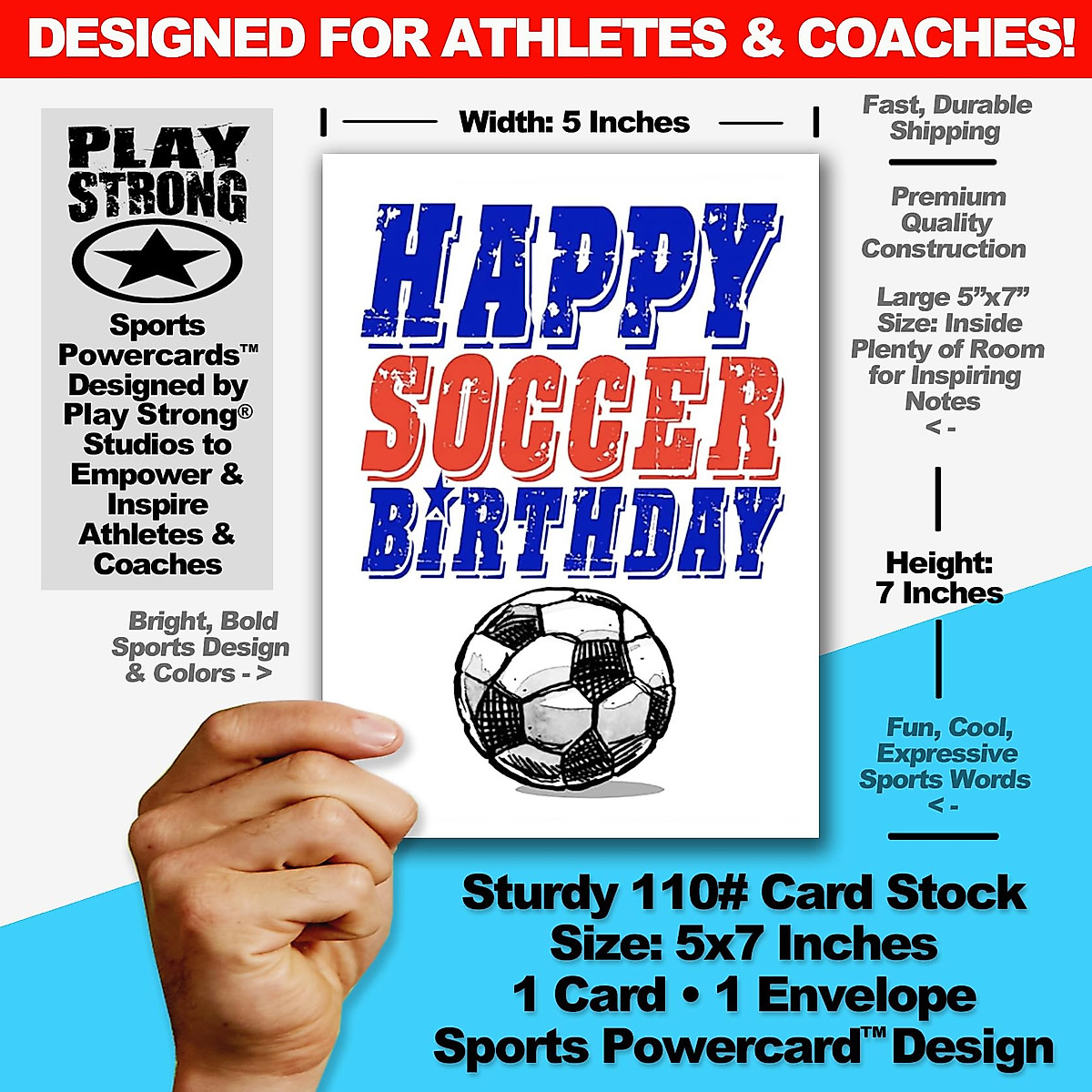 Play Strong Soccer Birthday Card 1-Pack (5x7) Super Star Illustrated Sports Birthday Cards Greeting Cards- Awesome for Soccer Players, Coaches and Fans Birthdays, Gifts and Parties!