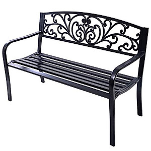 ReunionG 50" Patio Garden Bench Loveseats Park Yard Furniture Vintage Floral Garden Cast Iron Patio Porch Chair (Black Steel W/Floral Scroll Pattern)