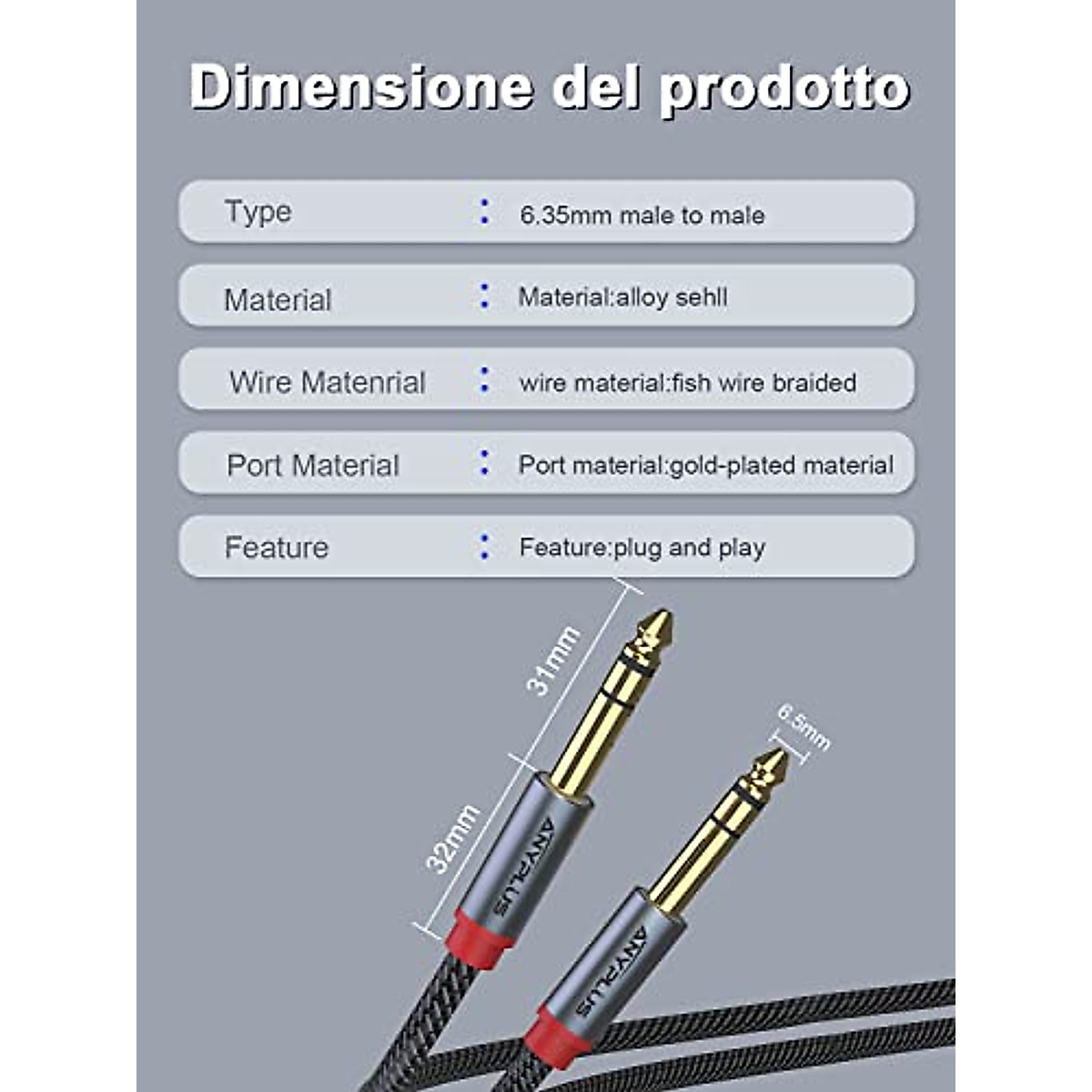 ANYPLUS Instrument Cable,【16.5ft/5m-1pack】 6.35mm Male to Male 1/4 inch to 1/4 inch Audio Cable, Fish Wire Braided TRS Cable, for Guitar Cable, Bass, Keyboard, Mixer, Amplifier, Equalizer, Speaker.