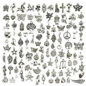 Wholesale Bulk Lots Jewelry Making Silver Charms Mixed Smooth Tibetan Silver Metal Charms Pendants DIY for Necklace Bracelet Jewelry Making and Crafting, JIALEEY 100 PCS
