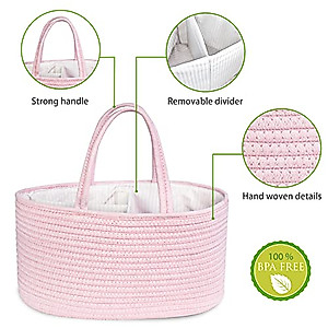 ABenkle Baby Diaper Caddy, Nursery Storage Bin and Car Organizer for Diapers and Baby Wipes, Cotton Rope Diaper Basket Caddy, Changing Table Diaper Storage Caddy Baby Gift Baskets, Pink