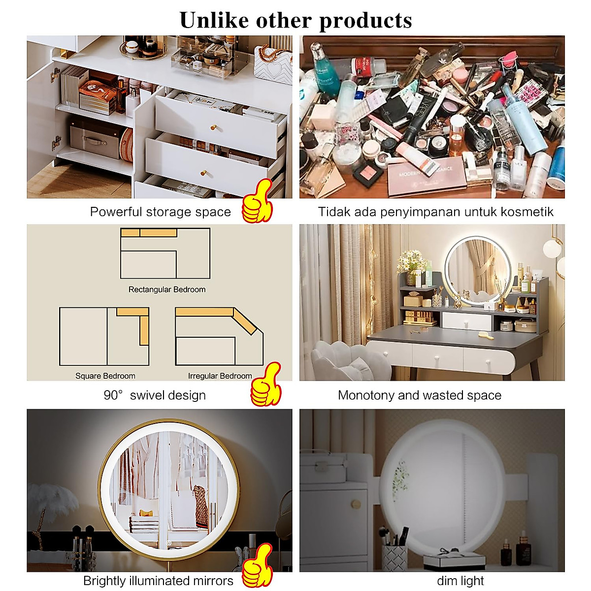 Vanity desk with mirror and lights, 3 Color Touch Screen,Modern Retractable Makeup Dressing Table with Adjustable Cabinet and 5 Sliding Drawers,Vanity Table Set ,Writing Desk Bedroom Essential,White