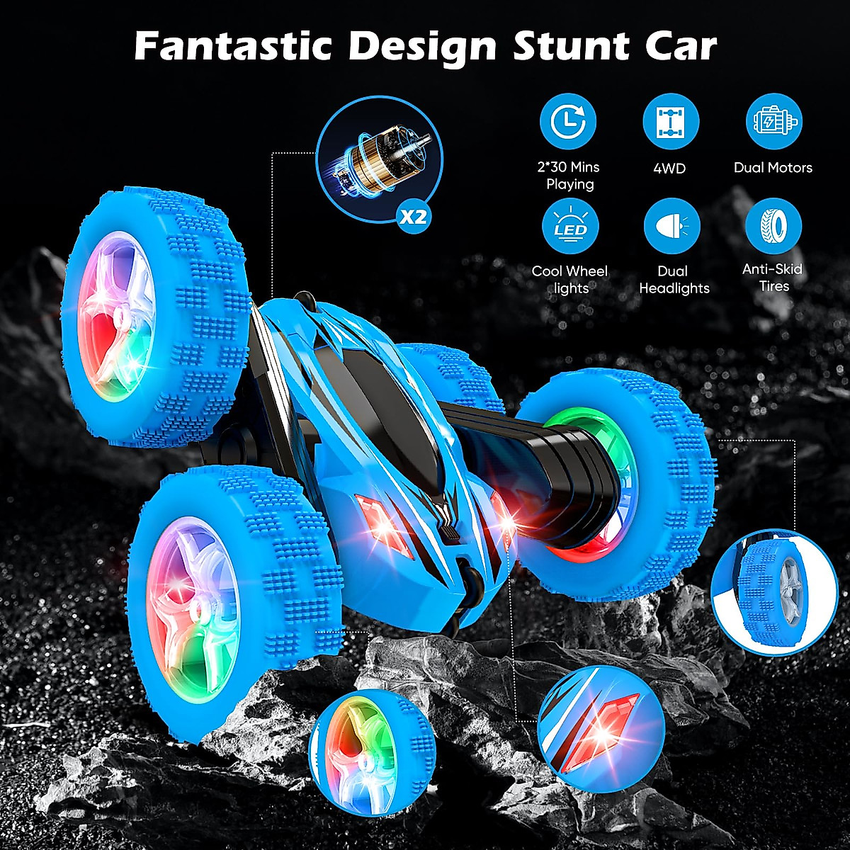 Qumcou Remote Control Car,RC Cars Toys for Boys,2.4Ghz High Speed Kids Toys Cars with Headlights and Wheel Lights,Christmas Birthday Gifts for Boys Age 6-12（Blue