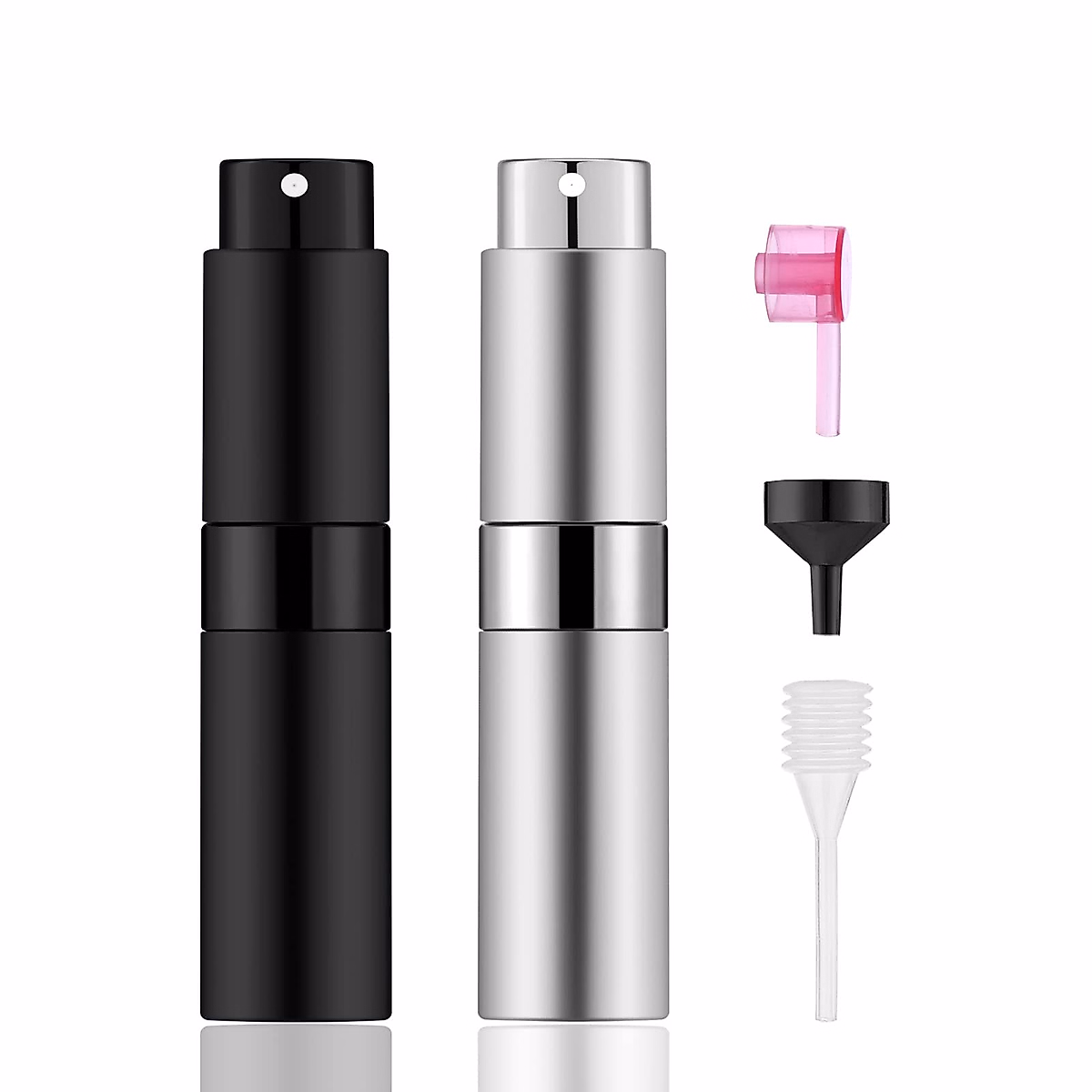 IRON BILL 2 PCS/8ml Portable Mini Perfume Atomizer bottles, Empty Refillable Spray Bottle with 3 Types of Refill Tools, Pocket Travel Perfume Sample Bottles(Matte Black&Silver)