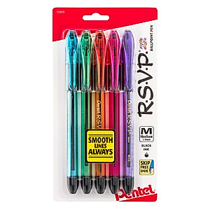 Pentel R.S.V.P. Razzle-Dazzle Ballpoint Pen, Medium Line, Black Ink, 5 Pack (BK91RDBP5M)