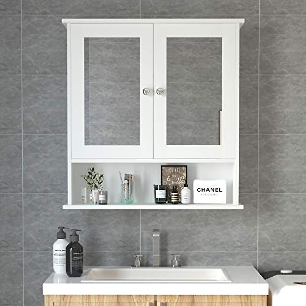 COSTWAY Bathroom Cabinet Wall Mounted - Over The Toilet Wall Storage Cabinet with 2 Mirror Doors and Adjustable Shelf, Hanging Medicine Cabinet for Bathroom, Living Room, Kitchen (White)