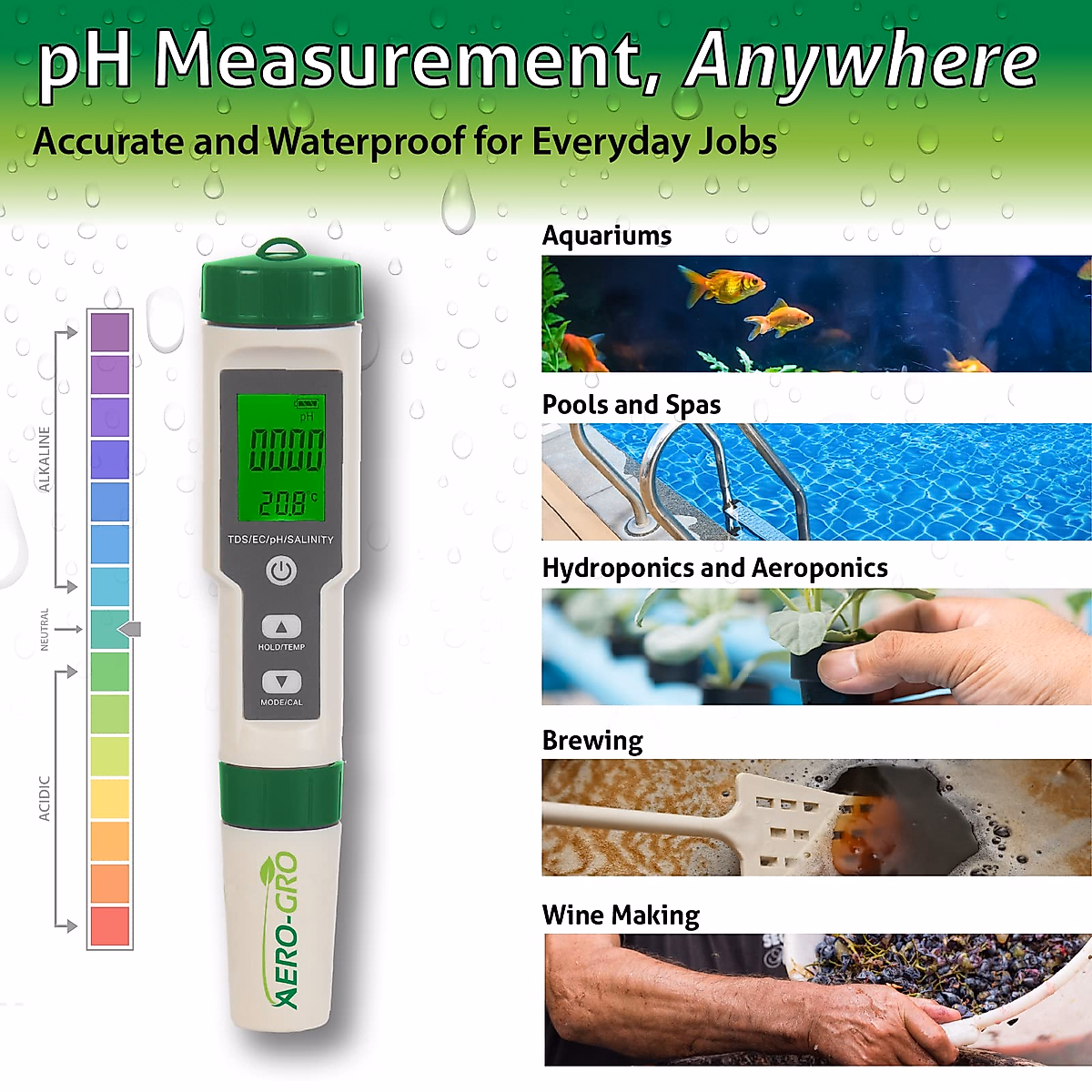 AERO-GRO Digital 5-in-1 Meter: 5 Functions: pH, TDS, EC, Salinity%, Salinity ppm, and Temp, IP67 Waterproof, Pen-Type Tester for Hydroponics, Water, Wine, Spas, Aquariums