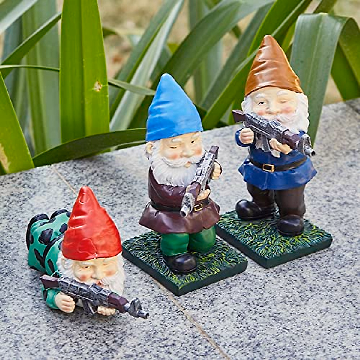 Military Soldier Garden Gnomes | Set of 3 | Gnome Army Combat Soldier Guardian - Lawn Statues Guns , Porch & Yard Art Decor, Hunting, Patriotic, AK47, Gun, Shotgun Lover, Indoor & Outdoor Valentines