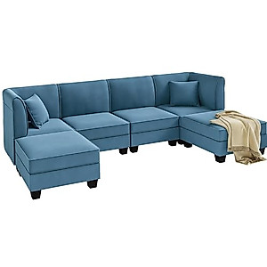 JAMFLY 116'' Modular Sectional Sofa with Reversible Chaise, U-Shape Convertible Sectional Sofa Couch with 6 Seats, Velvet Modern Sleeper Modular Couch with Ottomans for Living Room