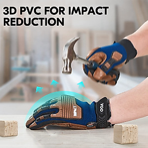 Vgo...…1Pair Leather Heavy Duty Work Gloves,Mechanics Gloves,Impact Resistant, Anti-Vibration, Water-repellent (L,Blue,CA7725)