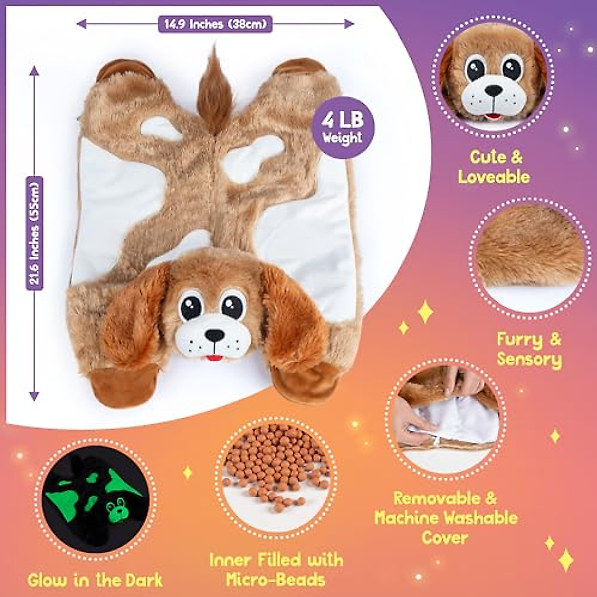 SNUGSHINE Glow in The Dark Weighted Lap Pad, Weighted Hugging Stuffed Animal, Sensory Products Calming, Weighted Lap Animal 4 Lbs, Weighted Lap Pad for Kids