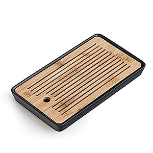 Ceramic Tea Tray, Double-Layer Bamboo Tray, for Tea Table (Rectangle, Black)