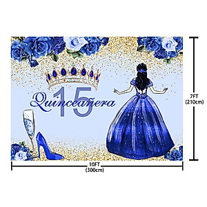 Sendy 10x7ft Quinceanera Backdrop for Girl Happy 15th Birthday Background Blue Flowers High Heels Crown Princess Birthday Party Decorations Photography Props Banner