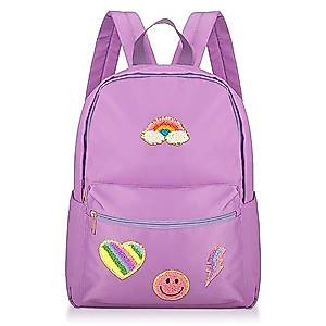 Sotiff Lightweight Backpack Preppy Patches Nylon Backpack Rainbow Heart Smile Waterproof Travel Bag Pack (Purple)