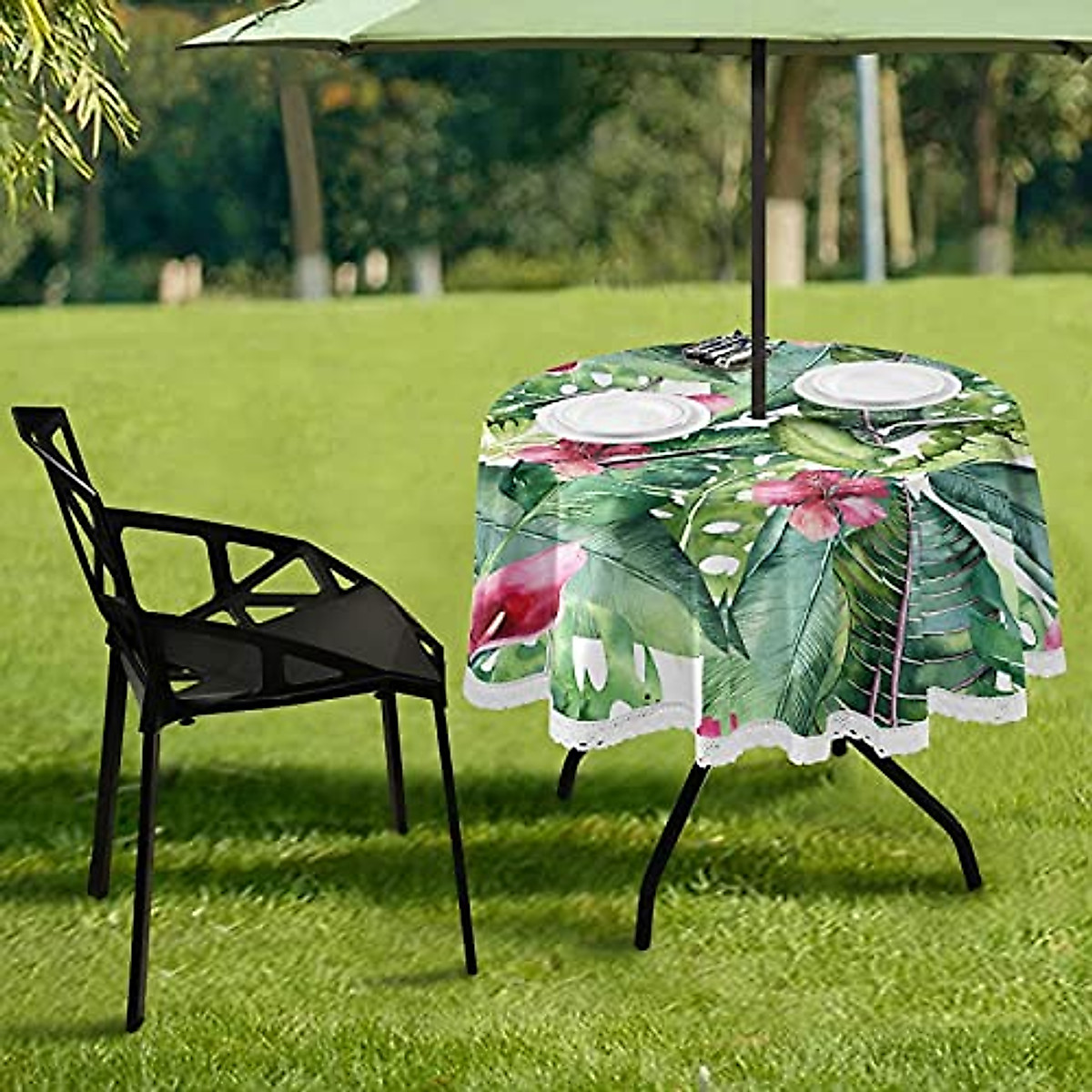 ALAZA Round Tablecloth with Umbrella Hole and Zipper Hawaii Tropical Palm Leaves and Hibiscus Washable Spillproof Table Cover for Camping Patio Garden Picnic Party Outdoor 60 Inch