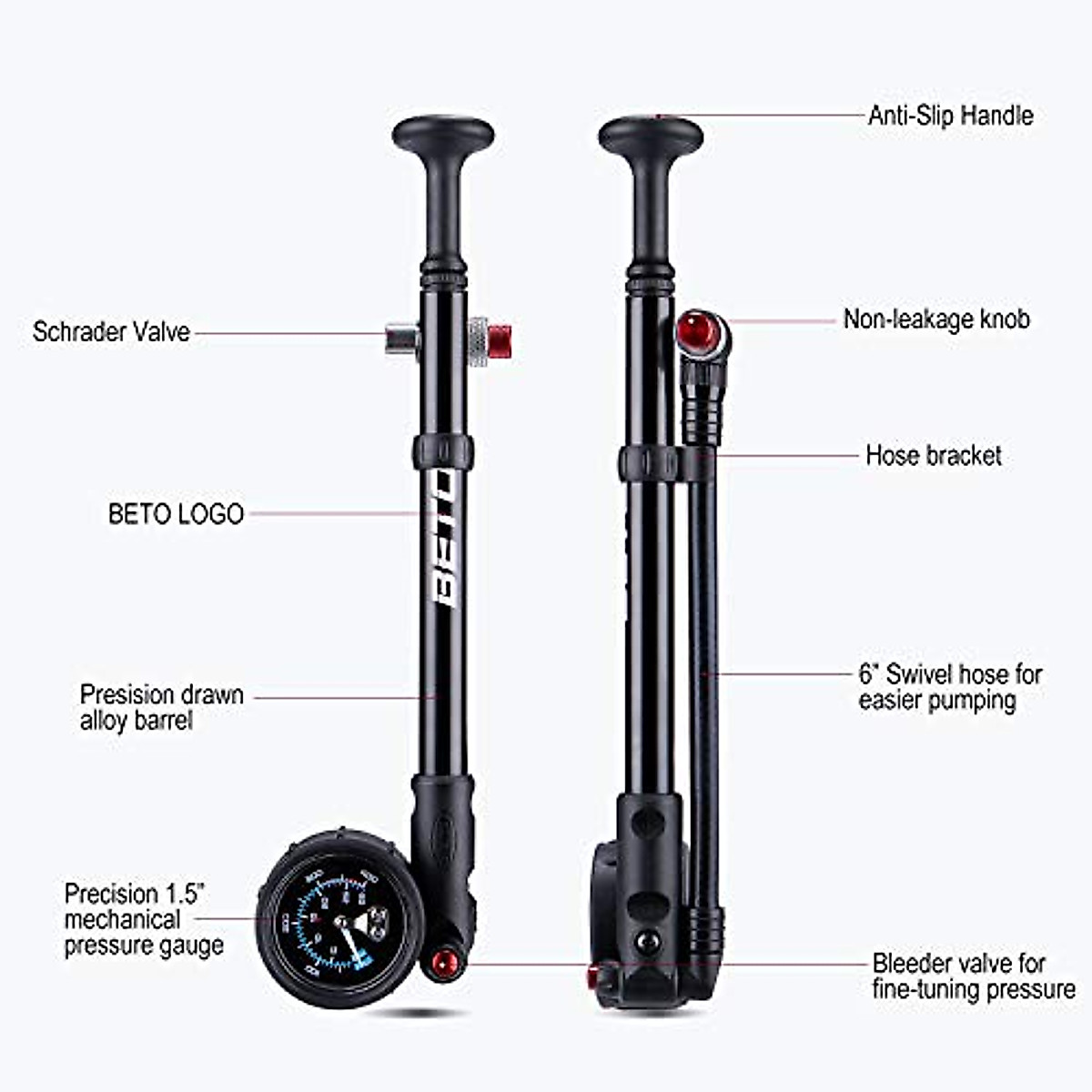 BETO High Pressure Shock Pump - (400 PSI Max) MTB Bike Shock Pump for Fork & Rear Suspension with No-Loss Schrader Valve