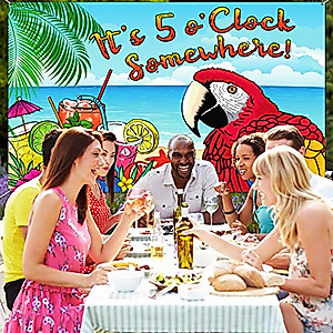 It's 5 O'clock Somewhere Backdrop Parrot Pattern Summer Tropical Sea Beach Photo Booth Backdrop Background Banner for Summer Tropical Luau Hawaiian Aloha Party Decoration Supplies, 71 x 43 Inch