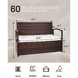 OYODHPDU 60 Gallon Outdoor Storage Bench- All Weather PE Rattan Deck Box- Deck Box w/Thick Seat Cushion- Patio Sofa Storage Bench with Cushion for Porch, Yard, Lawn, Garden (Brown)