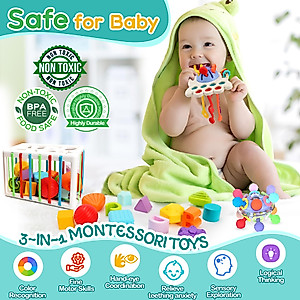 3 in 1 Baby Toys 6 to 12 Months, Baby Teething Toys & Pull String & Shape Sort Cube Sensory Toys, Montessori Toys for Babies 6-12 Months, Infant Toys 6-9-12-18 M+, Gifts for Baby Toys 12-18 Months