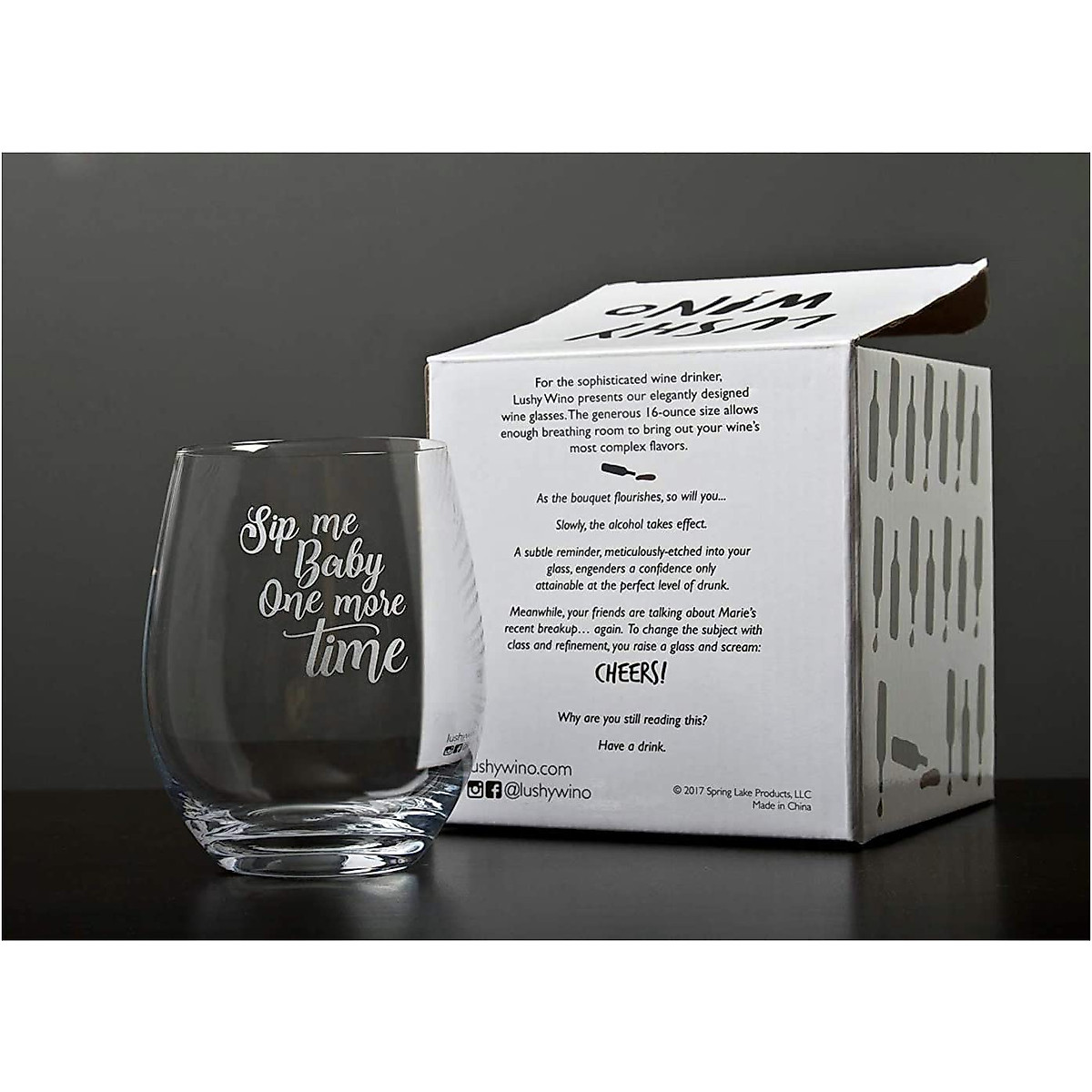 Lushy Wino - Etched Wine Glasses Stemless: Sip Me Baby One More Time | 18oz. All Purpose Wine Glass with Funny Sayings