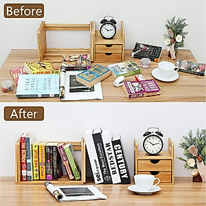 WELLAND Expandable Desktop Bookshelf Bamboo Desk Organizer with 2 Storage Drawers for Office and Home