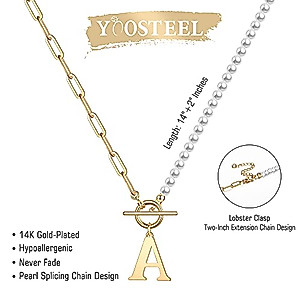 Dainty Initial Pearl Necklace for Women, 14K Gold Plated Paperclip Link Chain Necklace Toggle Clasp Necklace Initial Necklaces Gold Jewelry for Women Letter D