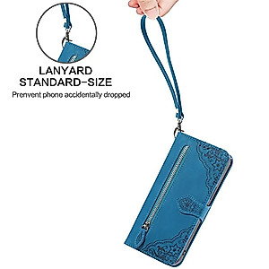 ONV Wallet Case for OnePlus N20 - with Zipper Wrist Strap Emboss Flower Flip Phone Case Card Slot Magnet Leather Shell Flip Stand Cover for OnePlus N20[SZY] -Blue