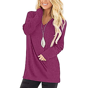 Jescakoo Womens Long Sleeve Tops Loose Fall Tunic Shirts V Neck Workout Fuchsias S