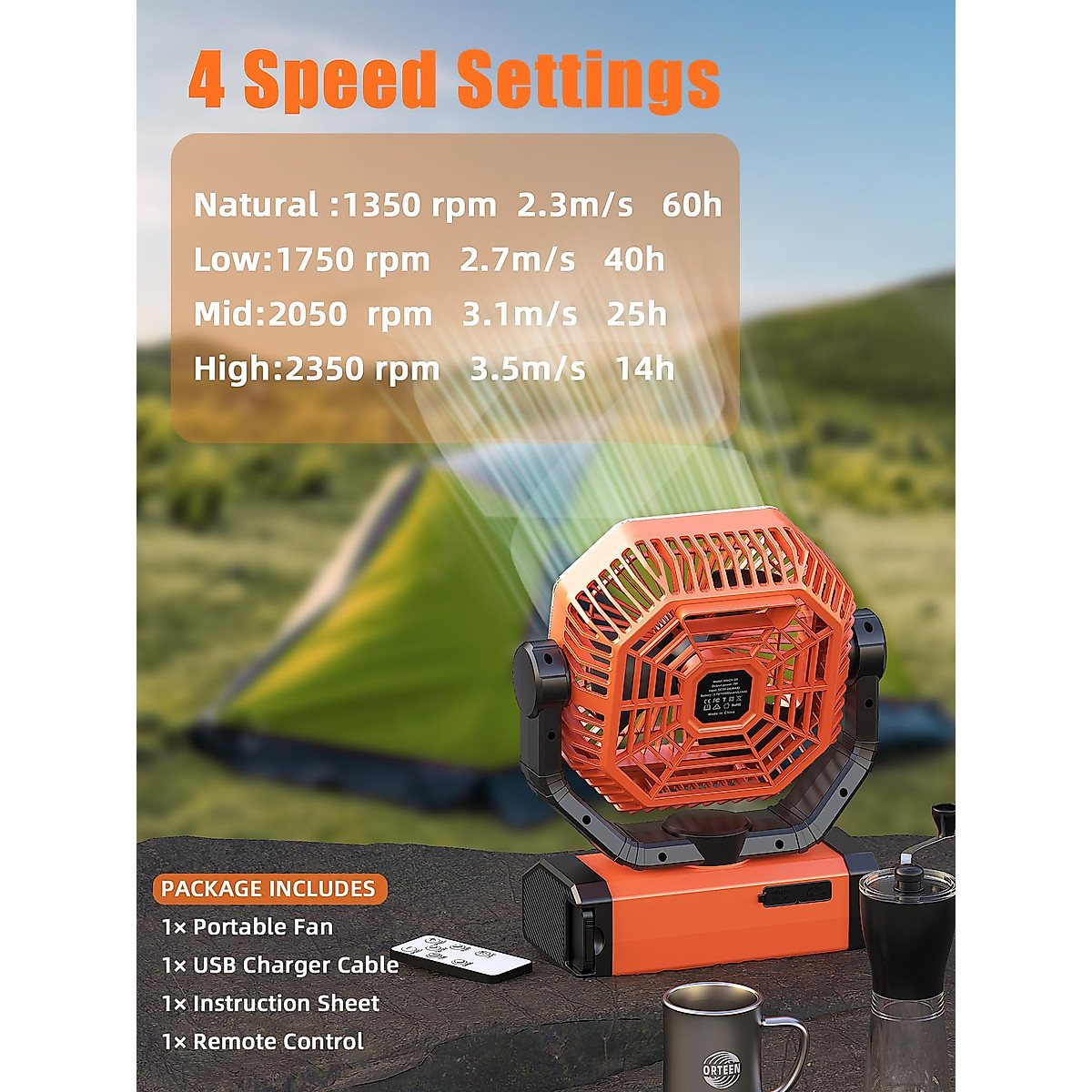 Battery Powered Fan - 9-Inch Rechargeable Fan Portable, 20000mAh(60Hrs) Camping Fan for Tent, Auto Oscillation Cordless Fan, Tent Fan for Camping with Remote/light, 4 Speeds, 4 Timing, Outdoor