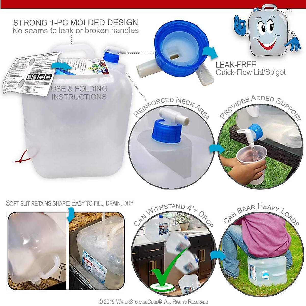 WaterStorageCube BPA-Free Collapsible Water Container with Spigot, Food-Grade Camping Water Storage Carrier Jug for Outdoors Hiking Hurricane Emergency, Foldable Portable Water Canteen (5.3 Gallon)