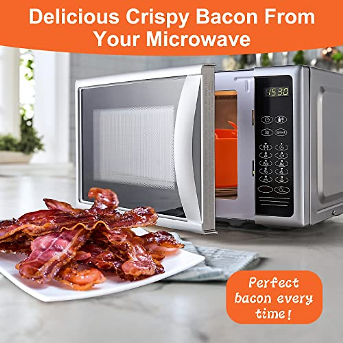 Lucorpor Silicone Bacon Cooker, Orange, Non-Stick, Microwave Oven, Bacon Rack, Tray and Grease Catcher, 9-Stripe, BPA Free