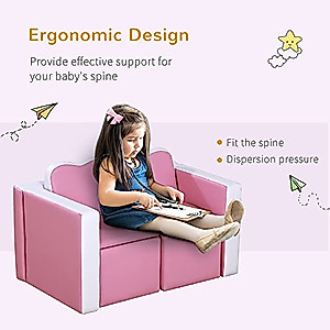 Qaba Kids Sofa Set 2-in-1 Multi-Functional Toddler Table Chair Set 2 Seat Couch Storage Box Soft Sturdy Pink