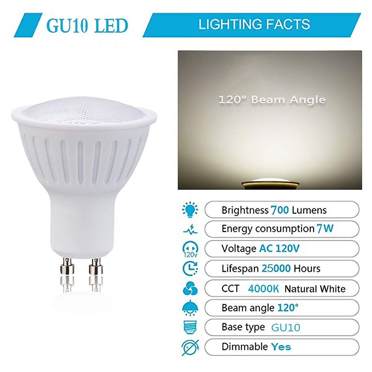 YMZM GU10 7Watt LED Spotlight Bulbs (Equivalent 65watt Halogen Bulbs) 4000K Natural White 700Lumen MR16 LED Light Bulb 120Volt 120 Degree GU10 Base Dimmable Indoor Led Light Bulbs (Pack of 4)