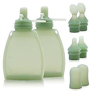 KAANG Silicone Baby Food Pouches Refillable 5oz 2 Pack, Reusable Food Pouches for Baby Food Storage with Spoon Feeder for Toddlers and Babies, Make Homemade Organic Food (Green)
