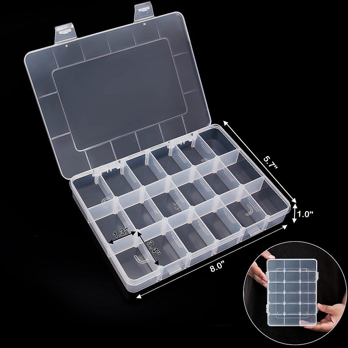 2 Pack 18 Grids Clear Plastic Organizer Box Storage Container with Adjustable Dividers for Washi Tape,Jewelry,Beads Art DIY Crafts, Fishing Tackles,Screws