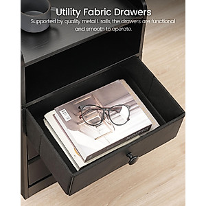 CHOEZON Nightstand with Charging Station and LED Light, Side Table with 3 Fabric Drawers Chest, End Table with USB Ports and Outlet, Bedside Table for Living Room, Bedroom, Black MBZ04UDBB