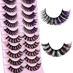Colored Eyelashes D Curl False Eyelashes with Color Fluffy Wispy Fake Eyelashes Colored Lashes Strips 10 Pairs 2 Styles Cat Eye Lashes Pack by Zenotti (Pink & Purple)