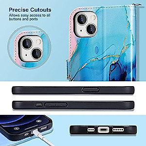 ULAK Compatible with iPhone 13 Wallet Case for Women, Premium PU Leather Flip Cover with Card Holder and Kickstand Feature Protective Phone Case Designed for iPhone 13 6.1 Inch, Blue Marble