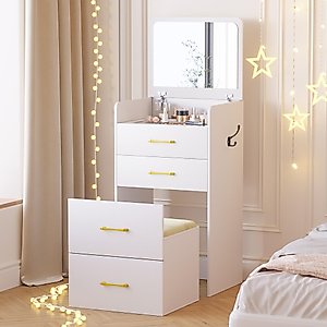Gurexl 3 in 1 Vanity Desk with Plip Top Mirror,Small Make Up Vanity Set with Visible Glass Desktop,Compact Makeup Vanity with 3 Drawers,Cushioned Tool,Dressing Table for Bedroom