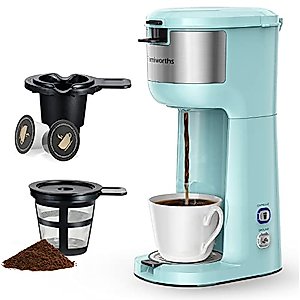 Famiworths Single Serve Coffee Maker for K Cup and Ground Coffee, 6 to 14 Oz Brew Sizes, Fits Travel Mug, Mini One Cup Coffee Maker with Self-cleaning Function, Cyan