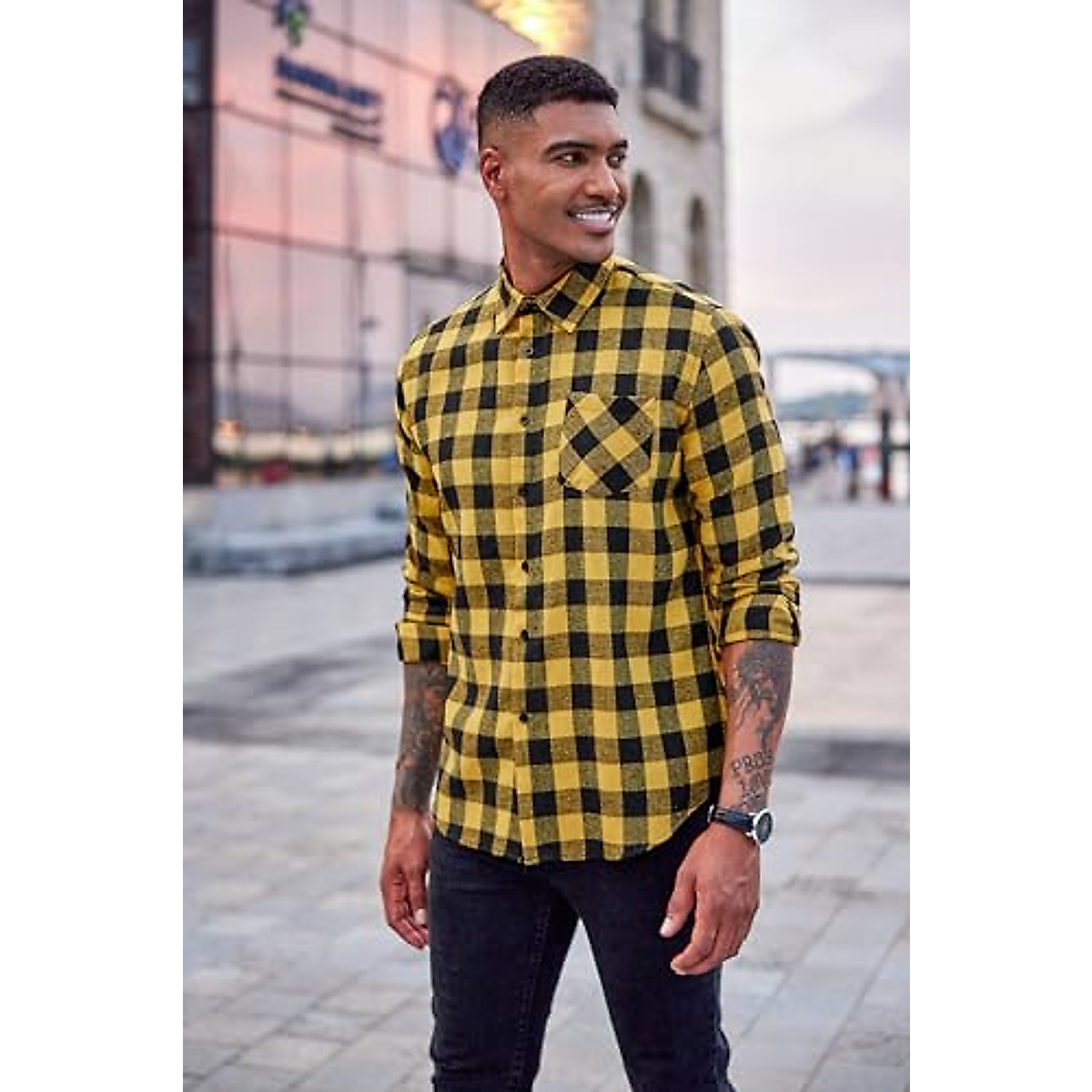 COOFANDY Mens Casual Buffalo Plaid Shirts Button Down Flannel Jacket with Pocket B - Yellow