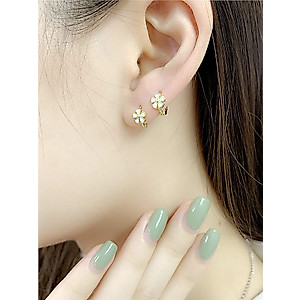 6mm Tiny Cute Flower Hoop Sterling Silver Mini Small Cartilage Hoop Earrings for Women Girls Teens Hypoallergenic Dainty White Enameled Daisy Flowers 18g Piercing Huggie Hoops (14k Gold Plated)