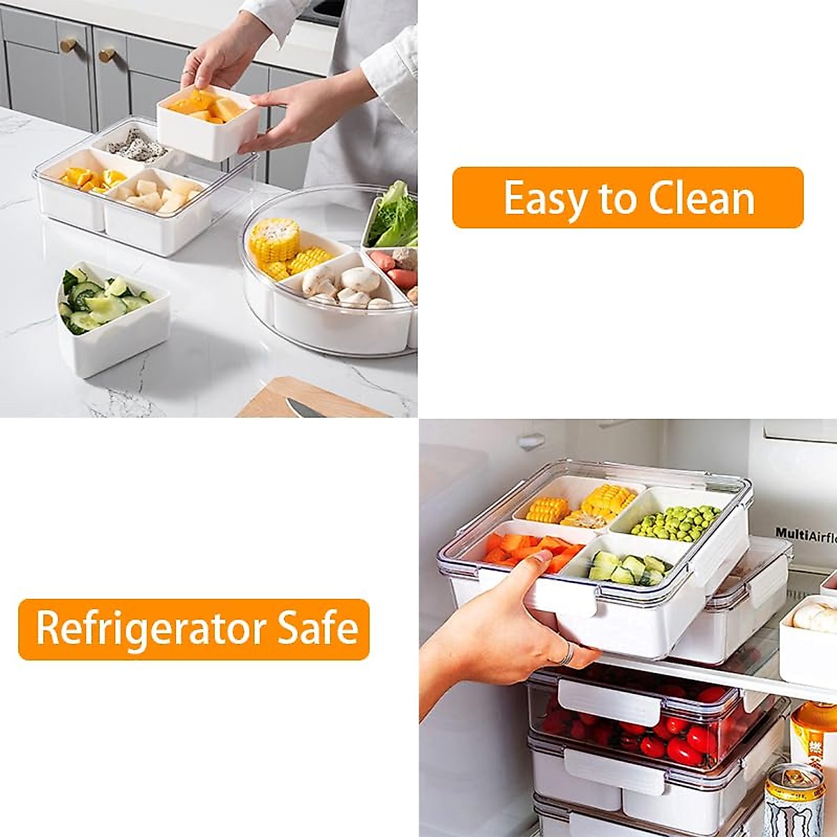 2Pack Veggie Tray with Lid for Fridge, Snackle Box Container for Party, 4 Compartment Divided Serving Trays, Food Storage Containers with Lids for Refrigerator