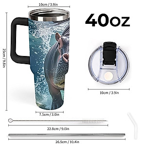 FHECVBN Black 40 Oz Insulated Tumbler with Handle Diving Hippo Printed Leakproof Water Bottle Coffee Mug Car Cup for Gym Outdoors Commute Work