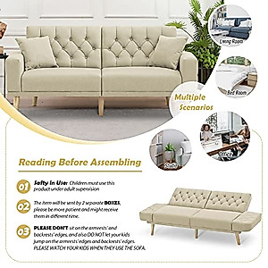 ACMEASE 70” Linen Fabric Futon Sofa Bed with Adjustable Backrests, Tufted Sleeper Couch with Convertible Armrest, 82” Extendable Loveseat Sofa with 2 Pillows for Living Room, Bedroom, Beige