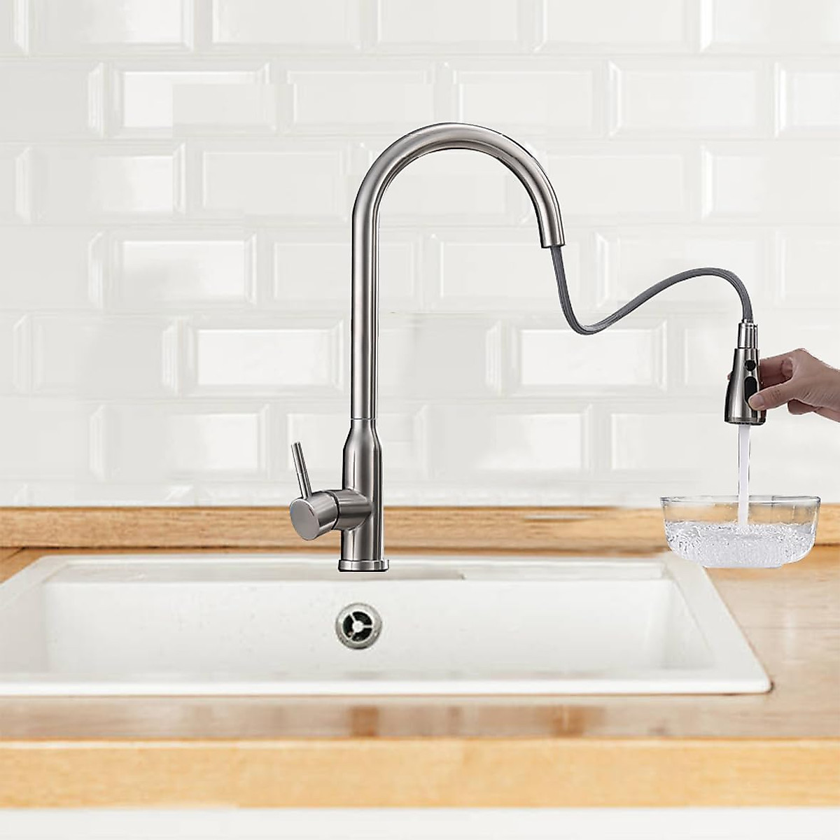 Pull Down Spray Head for Kitchen Faucet, 3 Modes with 9 Adapters, Faucet Head Replacement Compatible with Moen, American Standard, Kohler Faucets, Delta, Brushed Nickel