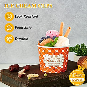 LITOPAK 120 Pack 12 oz Ice Cream Cups, Ice Cream Bowls for Cold and Hot Foods, Paper Ice Cream Bowls, Disposable Dessert Cups, Paper Ice Cream Sundaes Cups for Ice Cream, Hot Soup, Snacks, and Fruits.