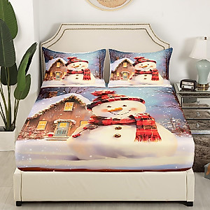 Feelyou Kids Snowman Fitted Sheet Twin Size Merry Christmas Bedding Set for Boys Girls Snowflake Winter Theme Bed Sheet Set Happy New Year Bed Cover Deep Pocket