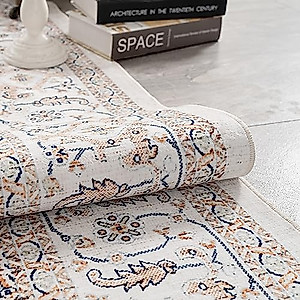 Syalife Washable Rug Vintage Area Rugs, 8'x 10' Living Room Rug with Non Slip Backing, Ultra-Thin Medallion Distressed Non-Shedding Boho Rug, Persian Vintage Floor Mat Indoor Rug (FG11-Beige, 8'x 10')